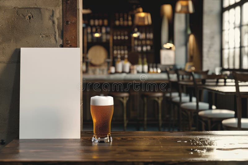 Classic Pub Interior with Pint of Beer on Wooden Bar and Blank Frame ...