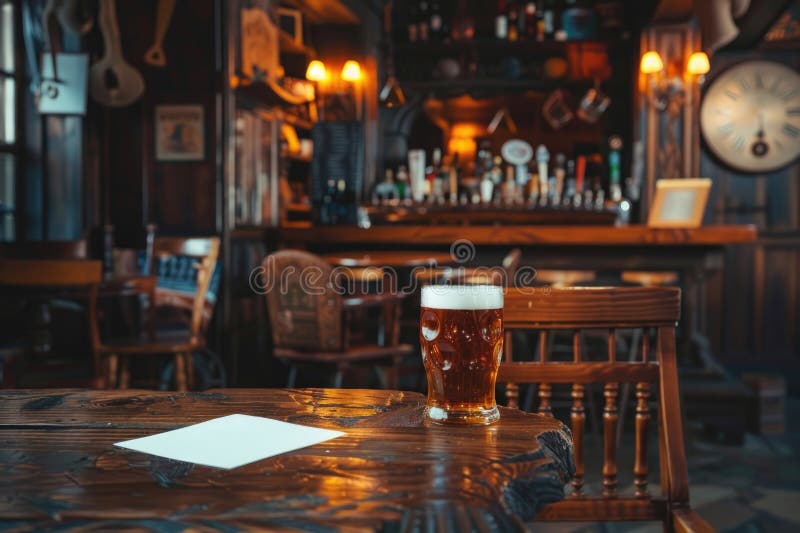 Classic Pub Interior with Pint of Beer on Wooden Bar and Blank Frame ...