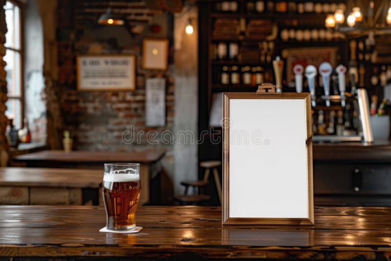 Classic Pub Interior with Pint of Beer on Wooden Bar and Blank Frame ...