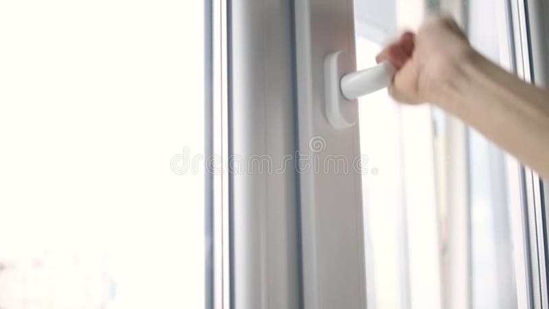 Classic PVC Window in Work, Hand Open and Closing the Window Stock ...