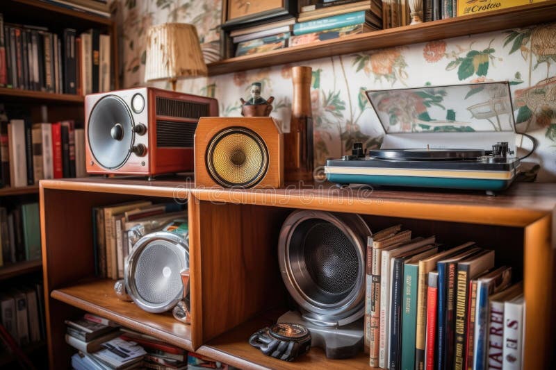 Classic Radio on a Bookshelf with Vinyl Records Stock Illustration ...