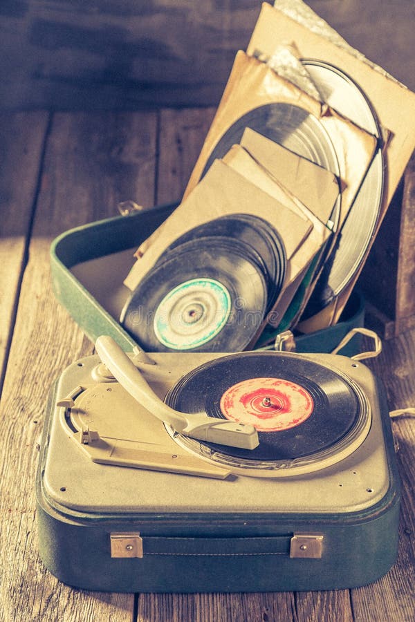 Classic Record Player with Few Scratched Vinyl Records Stock Image ...