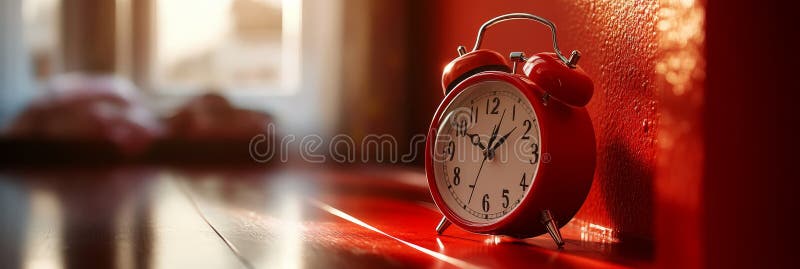 A Classic Red Alarm Clock with Bells Sits on a Red Surface Bathed in ...
