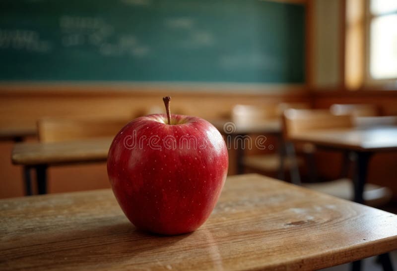 Classic Red Apple on Desk in Empty Classroom Stock Illustration ...