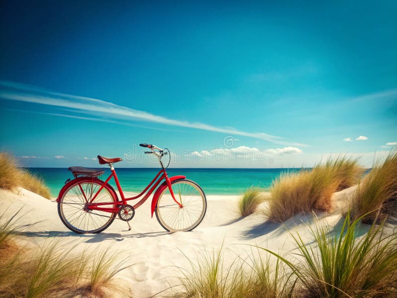 Classic Red Bicycle on a SunDrenched Sandy Beach a Timeless Summer ...