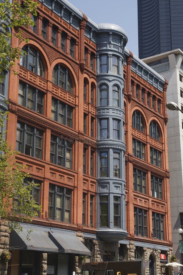 Classic Red and Blue Building in Seattle Stock Photo - Image of ...