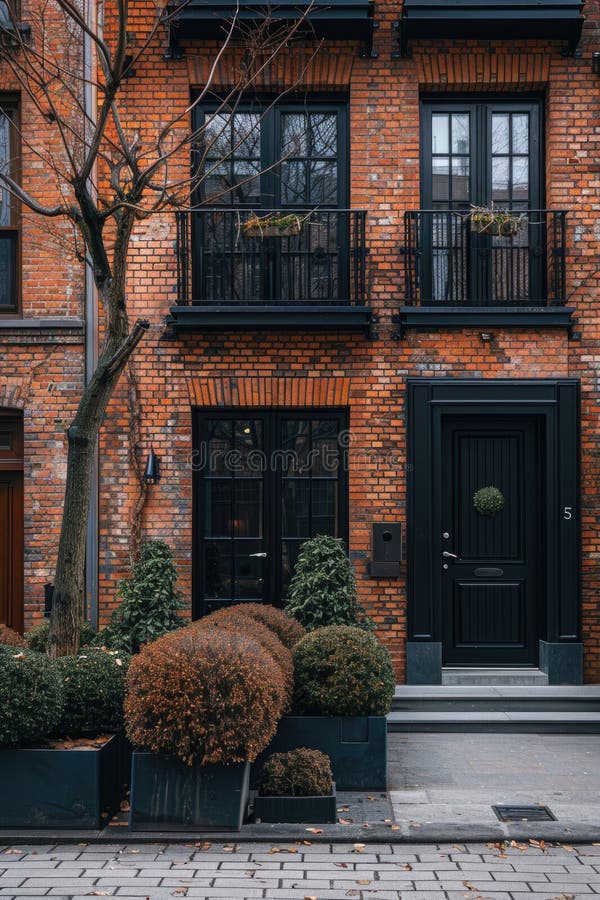 A Classic Red Brick Building with Black Doors and Balconies, Perfect ...