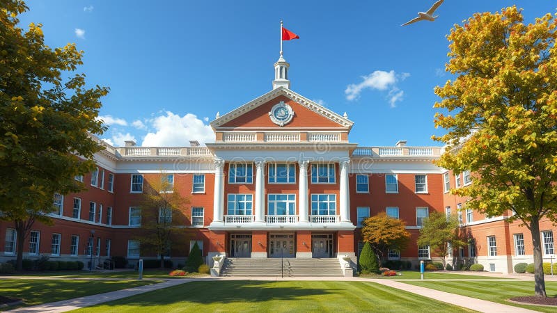 Classic Red Brick Building with White Columns and a Clock on the Facade ...