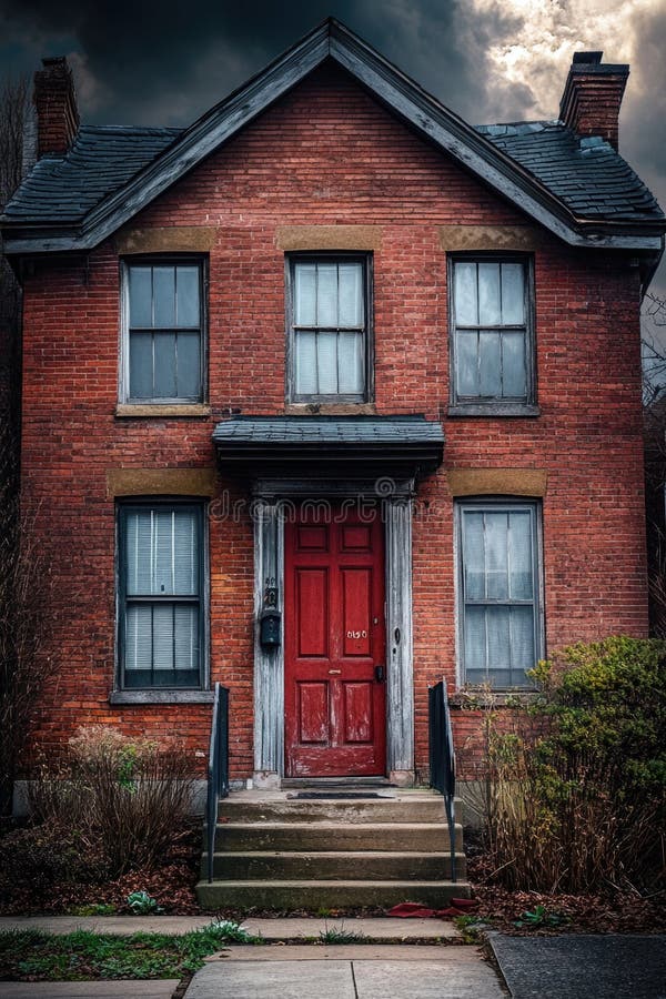 A Classic Red Brick House with a Bright Red Front Door, Surrounded by ...