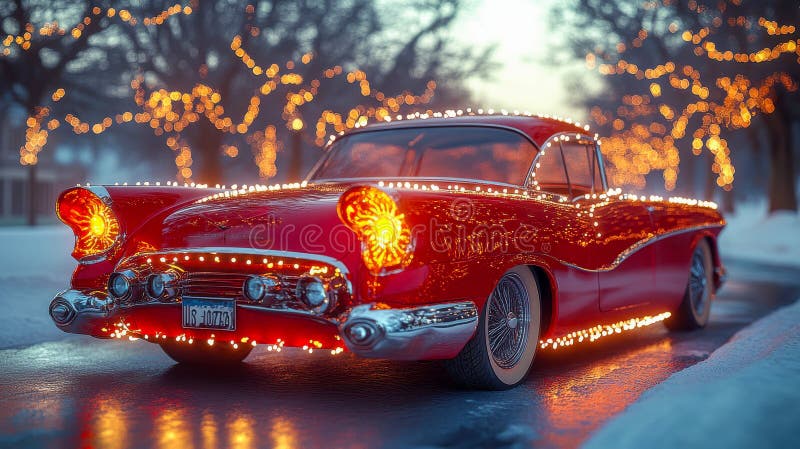 A Classic Red Car Covered in Festive Christmas Lights, Adding a ...