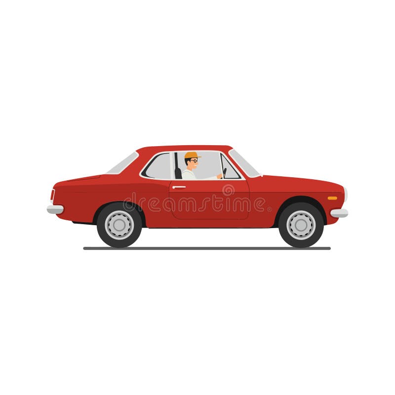 Classic Red Car Driving in a Flat Minimal Vector Illustration Stock ...