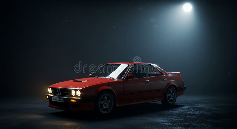 A Classic Red Coupe with Sleek Lines is Parked Under Moonlight on a Wet ...