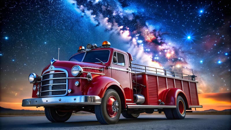 Classic Red Fire Engine with Chrome Accents on a Clear Night Sky AI ...