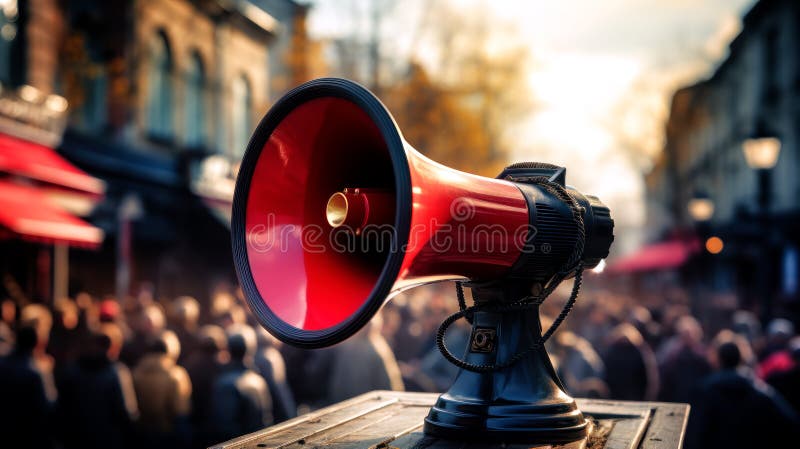Vintage Megaphone on Wooden Table Overlooking Crowded Street ...