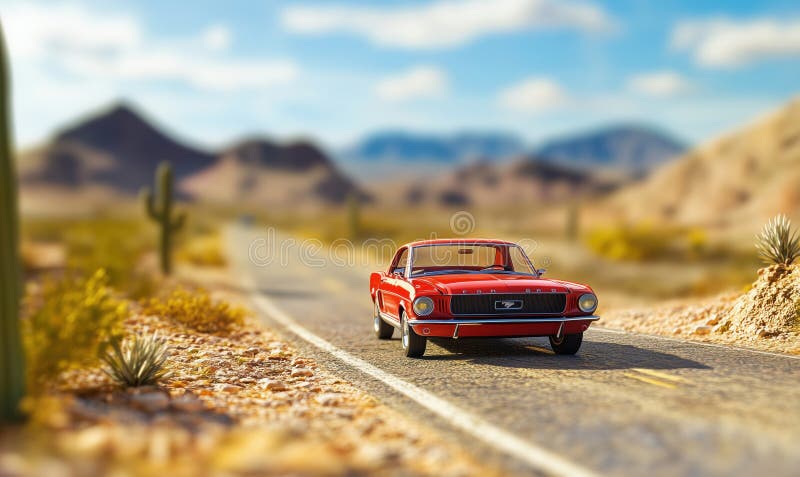 Classic Red Muscle Car on Desert Road with Mountains in Background ...