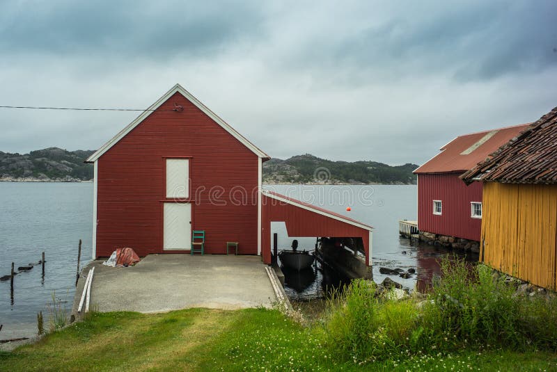 Classic, Red Norwegian House and Boat Stock Photo - Image of norway ...