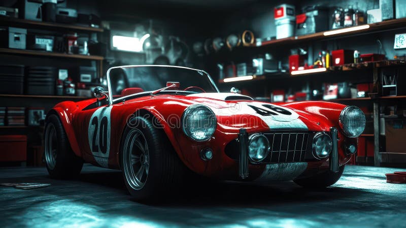Classic Red Race Car in Garage Stock Illustration - Illustration of ...