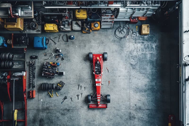 Classic Red Race Car in a Well Equipped Garage Stock Illustration ...