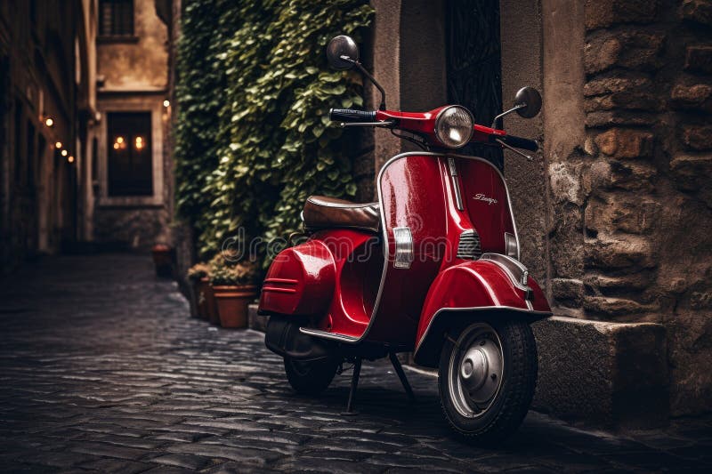 Classic Red Scooter Parked Against a Weathered Wall in a Vintage ...