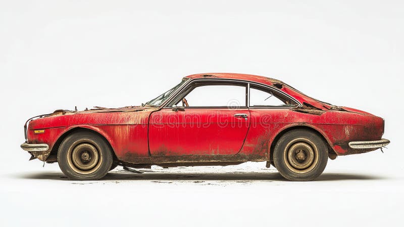 Classic Red Vintage Car with Rust and Damage, Side View Against White ...