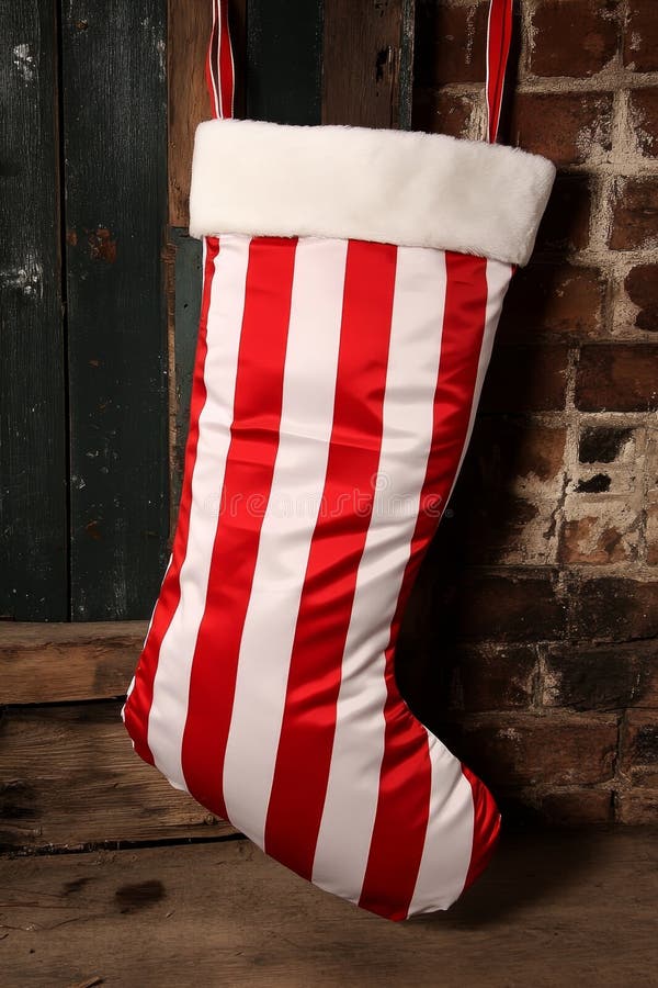 Classic Red and White Striped Christmas Stocking Hanging on a Rustic ...