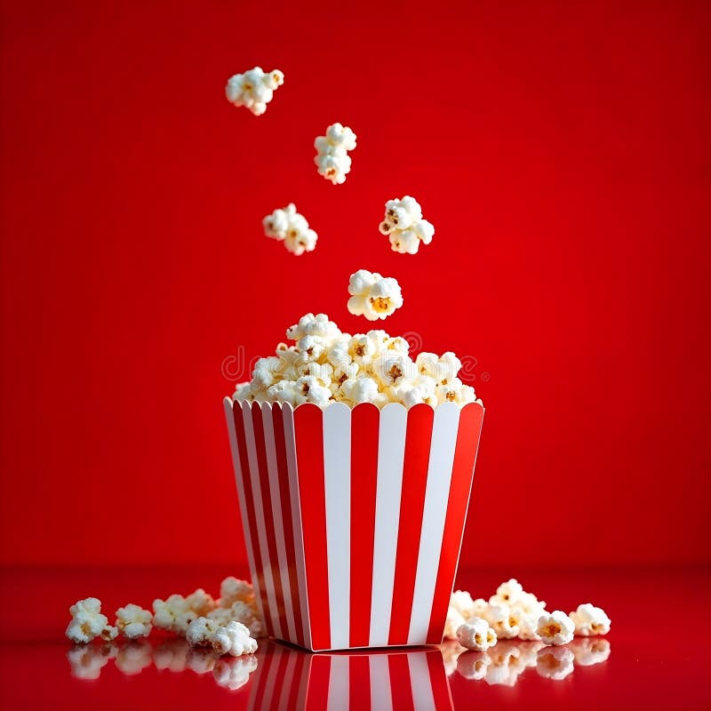 Classic Red and White Striped Popcorn Container Overflowing with Fluffy ...