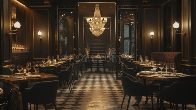 Elegant Restaurant with Checkered Floor and Chandelier Stock Photo ...