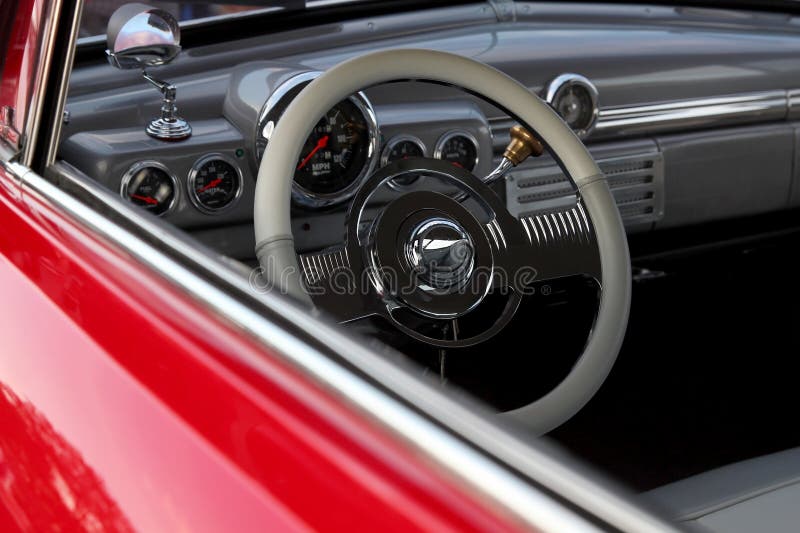 Classic Retro Beautiful Red Car. Close Up Steering Wheel Stock Photo ...