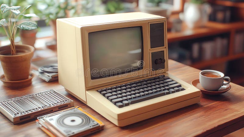 A Classic Retro Computer Stands on a Table with a Cup of Coffee and ...