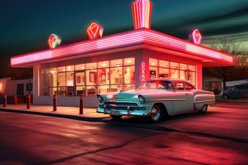 Classic Retro Diner Exterior with Neon Sign Stock Illustration ...