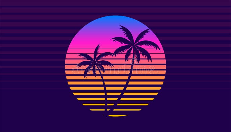 Classic Retro 80s Style Tropical Sunset with Palm Tree Stock Vector ...