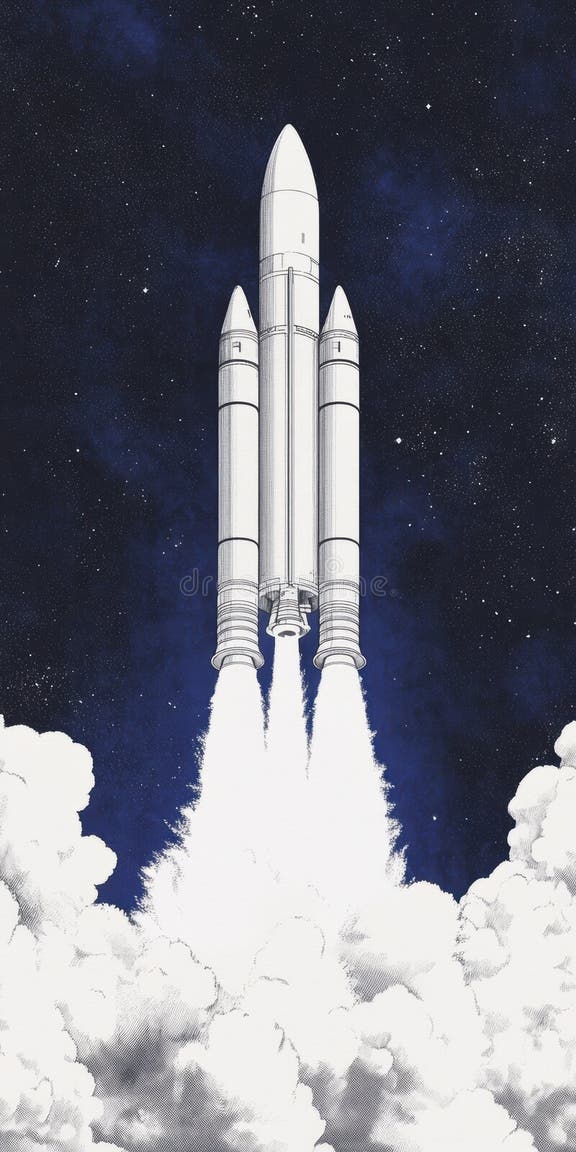 Classic Rocket Launch into Starry Night Sky with Dramatic Smoke Trails ...