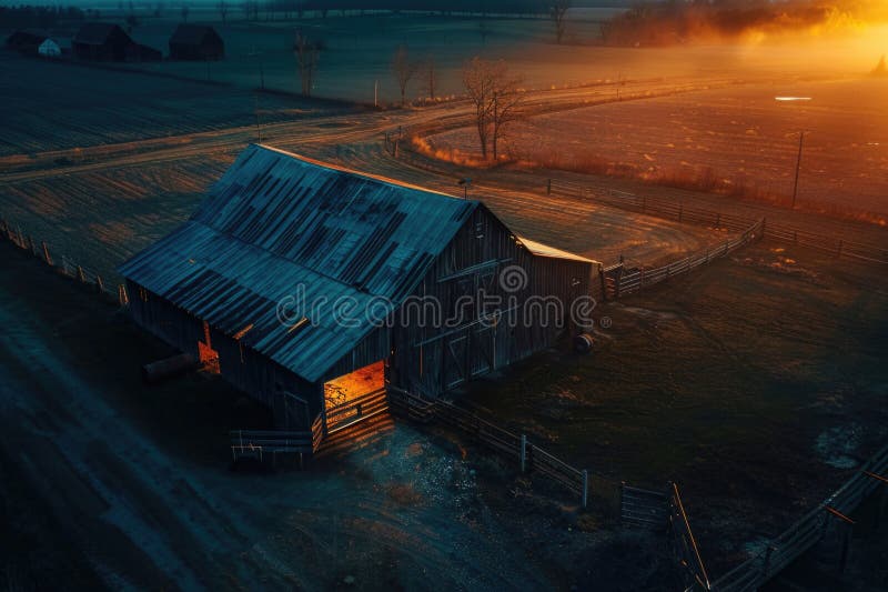 A Classic Rural Scene with an Old Barn Set Against a Warm Orange Sky ...