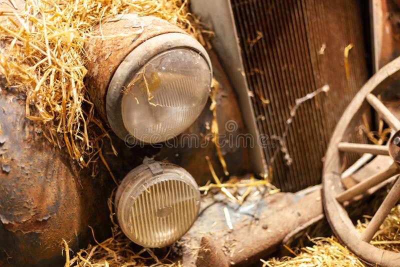 Classic Rusted Car Covered in Hay in Barn Stock Photo - Image of ...