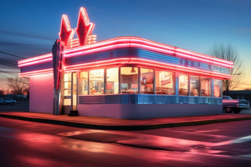 Classic 50s Diner Exterior with Neon Lights and Signage Stock ...