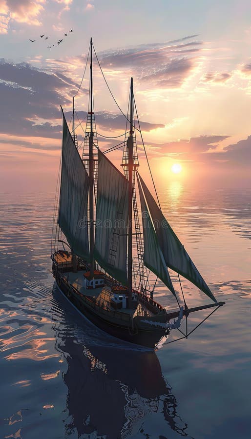 A Classic Sailing Ship Gliding through Calm Ocean Waters at Sunset with ...