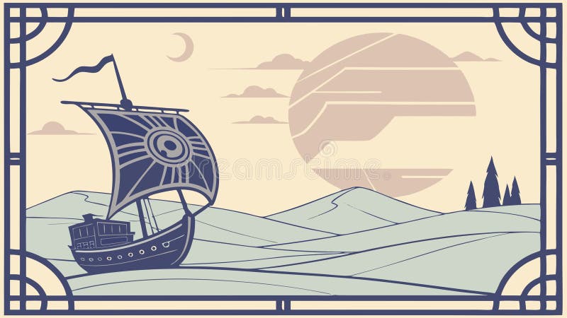 Classic Sailing Ship in Ornate Frame at Sunset, Vector Design ...