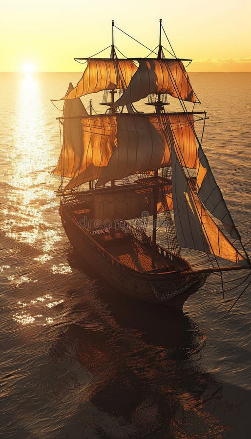 Classic Sailing Ship Serenely Navigating Tranquil Ocean Waters during a ...