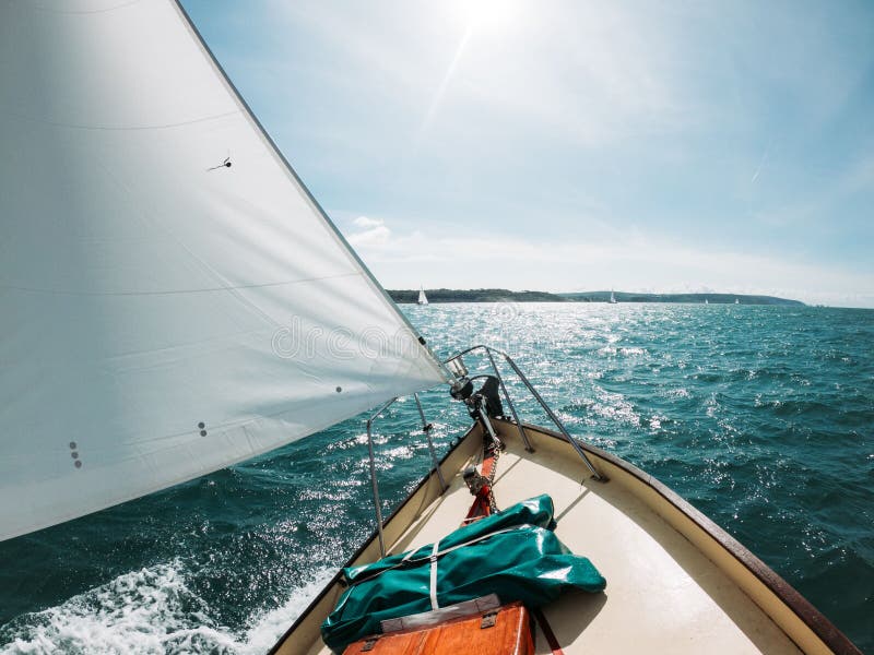 Classic Sailing Yacht Slanting in the Sea Stock Photo - Image of white ...