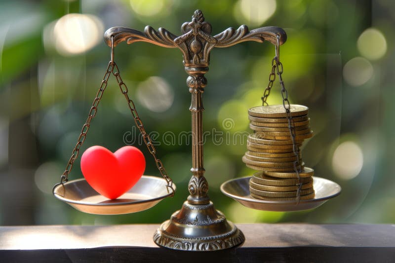 A Classic Scale Balanced with Gold Coins and a Heart Stock Illustration ...