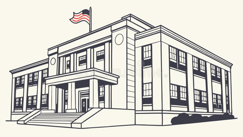 Classic School Building with Flagpole, Timeless Education, Vector ...