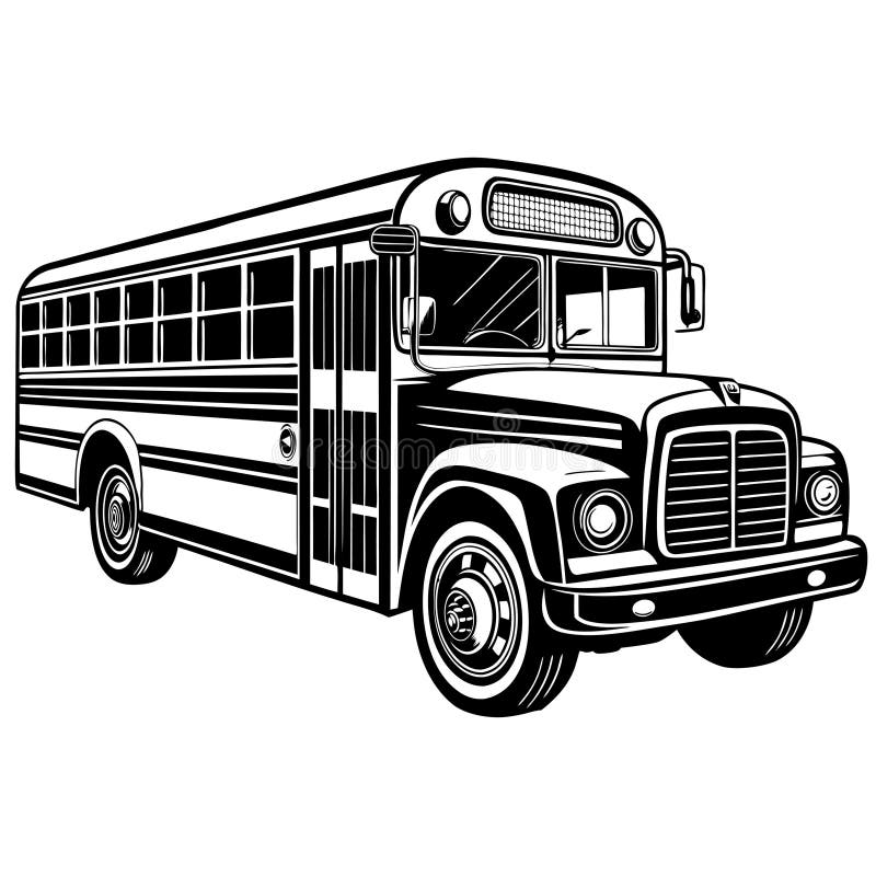 Classic School Bus Illustration in Black and White Vintage Style Stock ...