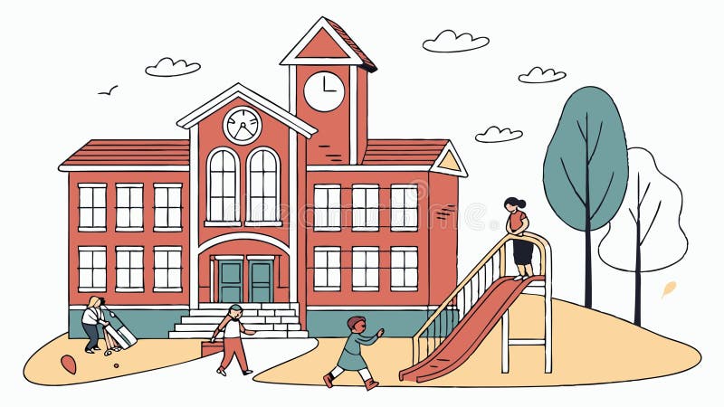 Classic School with Clock Tower and a Lively Playground, Vector Design ...