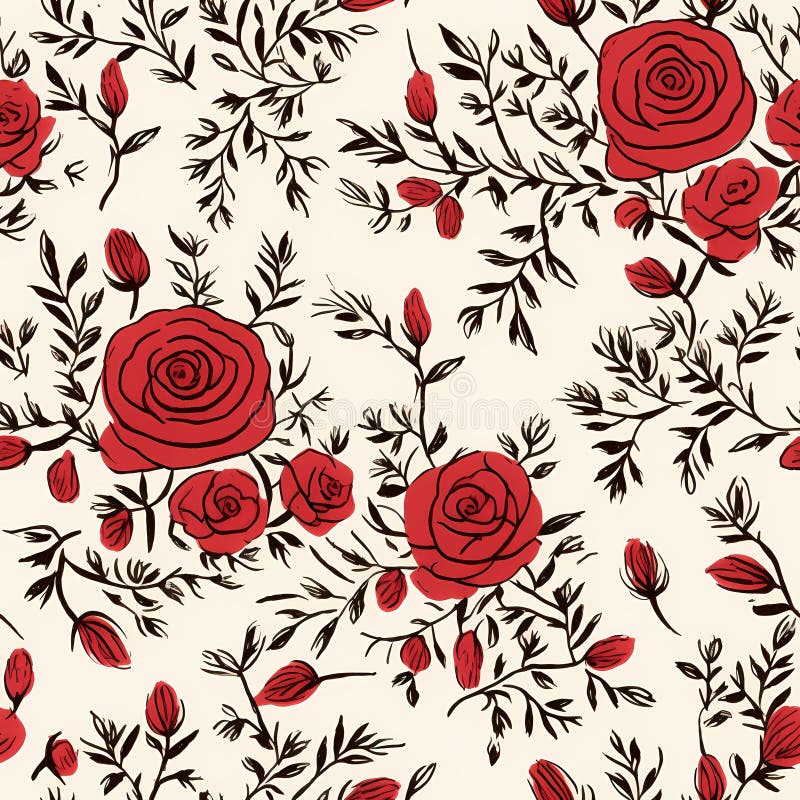 Classic Seamless Pattern with Red Floral Drawing Stock Illustration ...