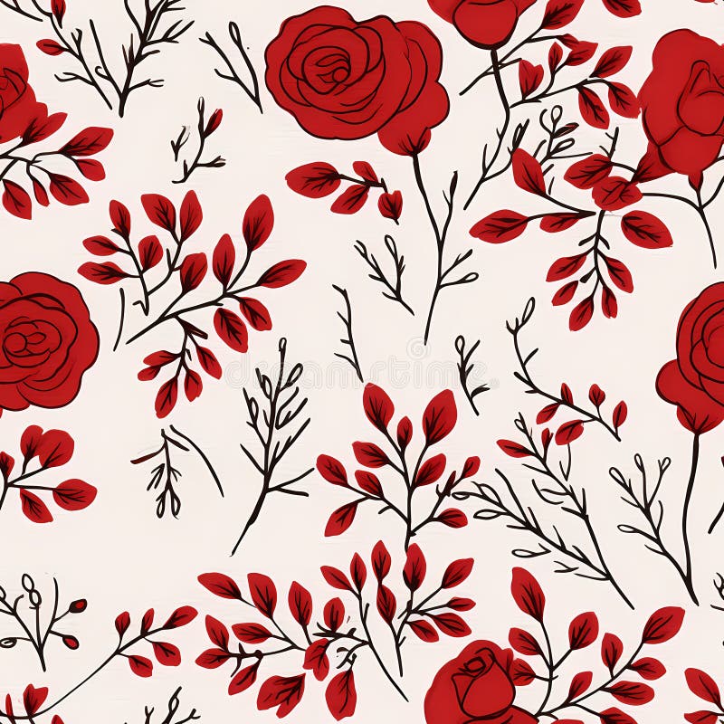 Classic Seamless Pattern with Red Floral Drawing Stock Illustration ...