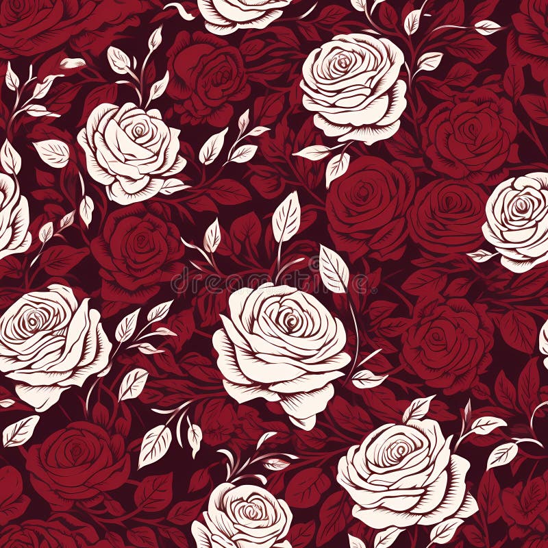 Classic Seamless Pattern with Red Rose Floral Drawing Stock ...