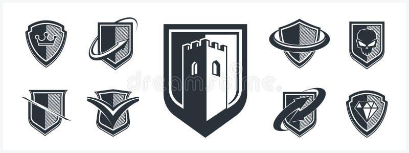 Classic Shields Shapes Set with Different Additional Elements Vector ...