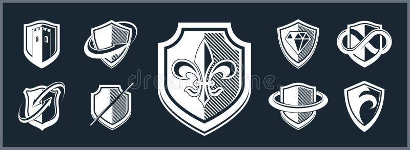 Classic Shields Shapes Set with Different Additional Elements Vector ...