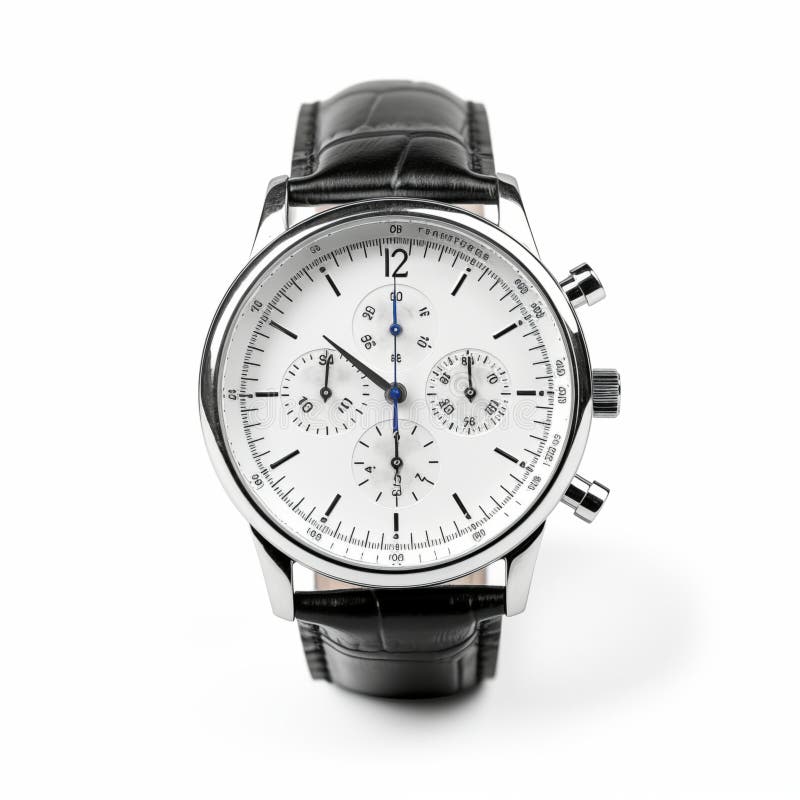 Classic Silver Chronograph Watch with Black Leather Strap and Detailed ...