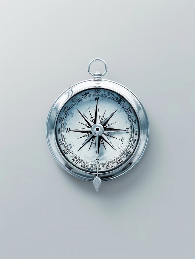 A Classic Silver Compass with a White Face and Black Needle Pointing ...